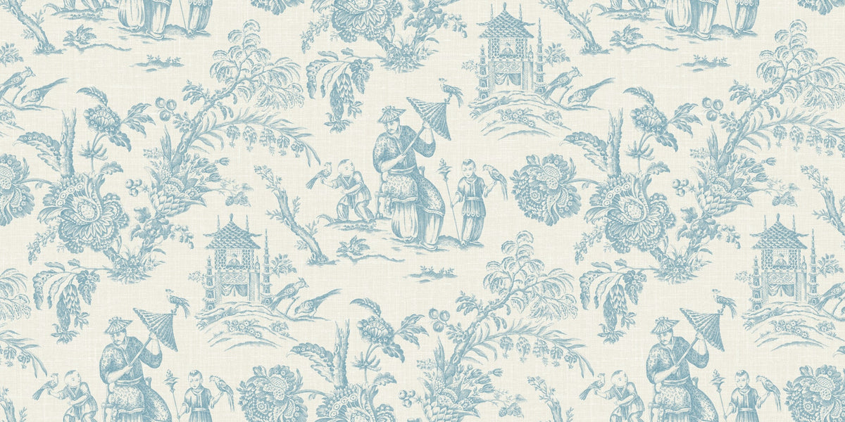 Fentucci Chinoiserie Linen Fabric - Country Toile - Bleu Bisque ...
